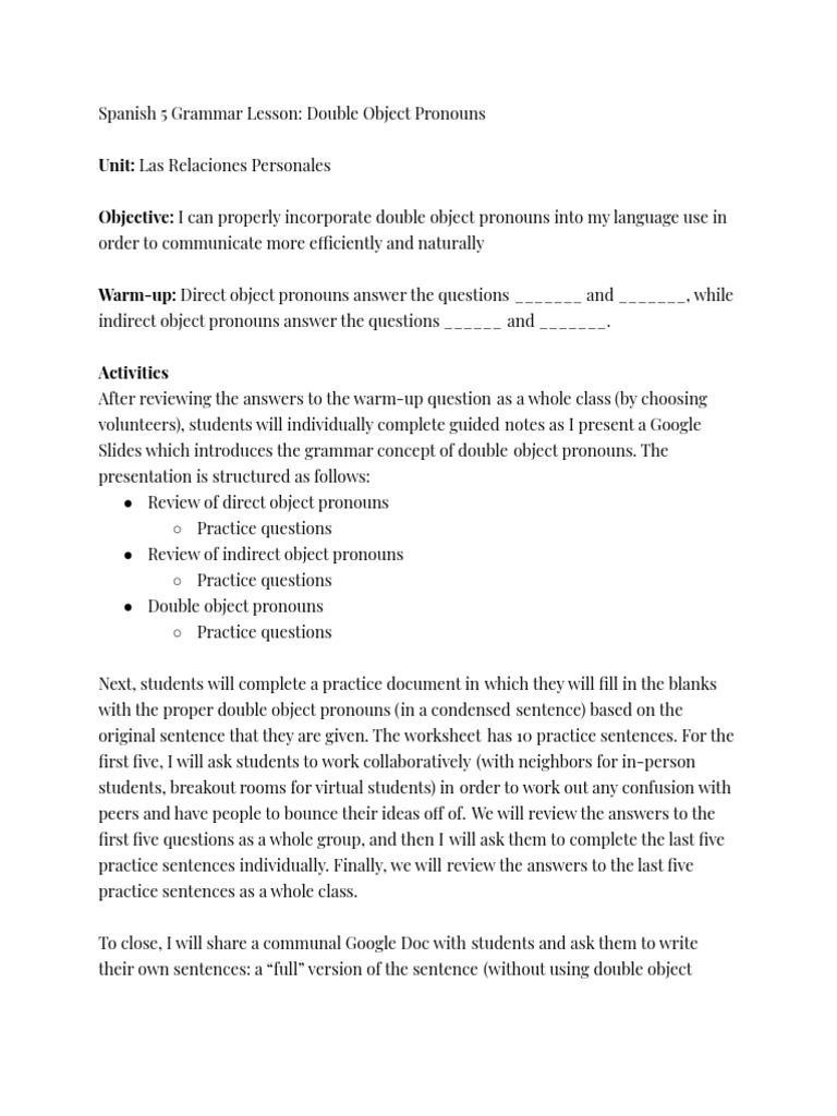 Lesson Plan Double Object Pronouns | PDF