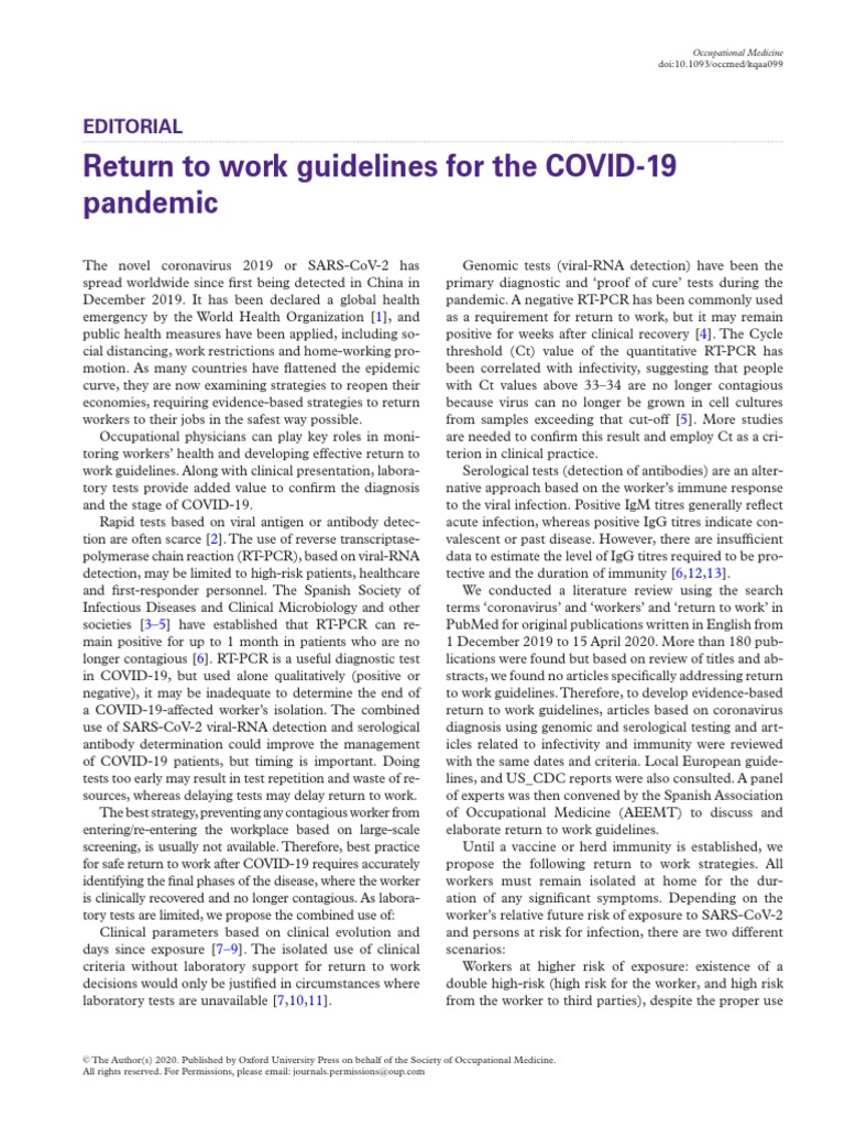 Return To Work Guidelines For The COVID-19 | PDF | Serology | Reverse ...