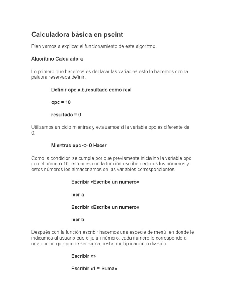 Calculadora Básica en Pseint | PDF | División (Matemáticas) | Multiplicación