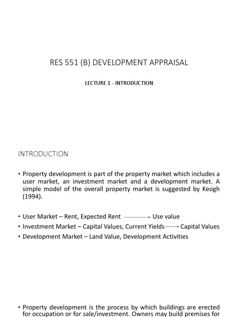 Lecture 1 B Introduction To Development Appraisal Pdf Real Estate Appraisal Valuation