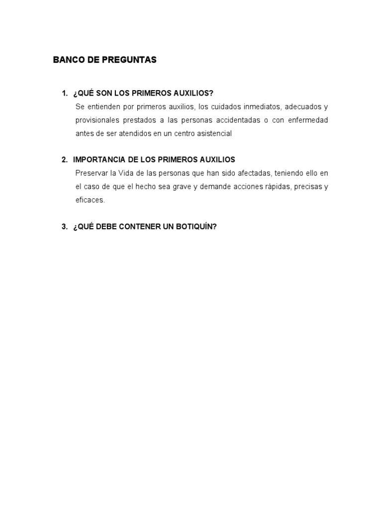 Banco de Preguntas | PDF | Reanimación cardiopulmonar | Primeros auxilios