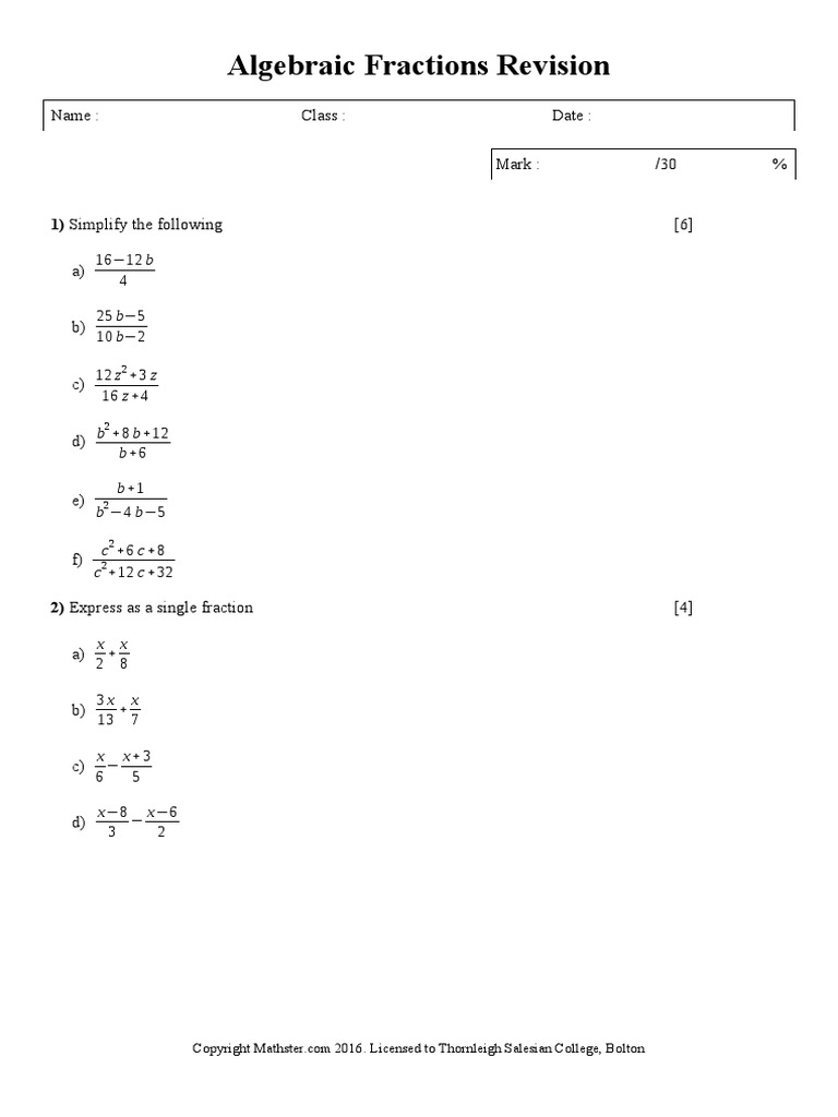 Algebraic Fractions Revision - 1 | PDF | Equations | Algebra