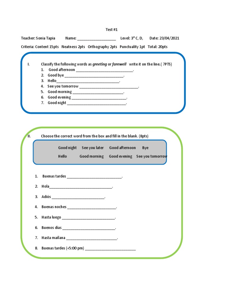 Greetings Test 3° | PDF