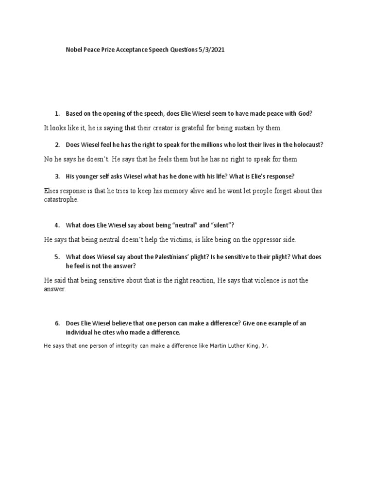 Wiesel's Nobel Speech Insights | PDF