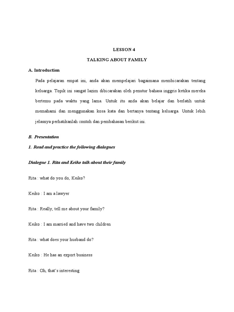 Lesson 4 Talking About Family A. Introduction: B. Presentation 1. Read ...