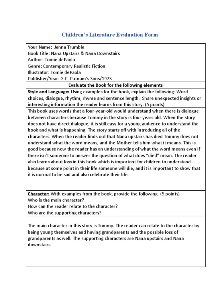 Portfolio Ece 260 Contemporary Realistic Fiction Evaluation Form | PDF ...