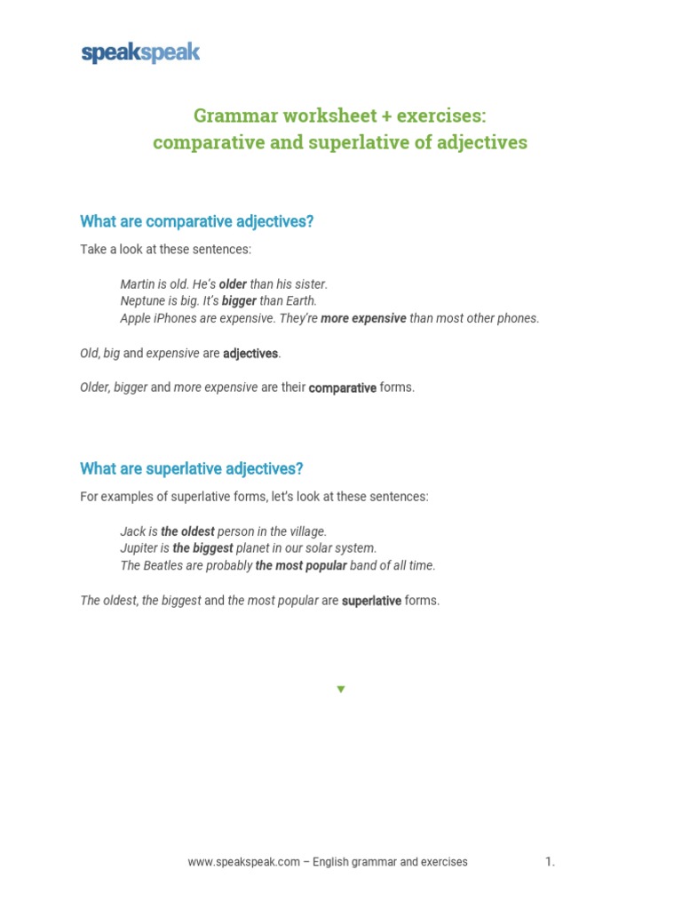 Grammar Worksheet + Exercises: Comparative and Superlative of ...