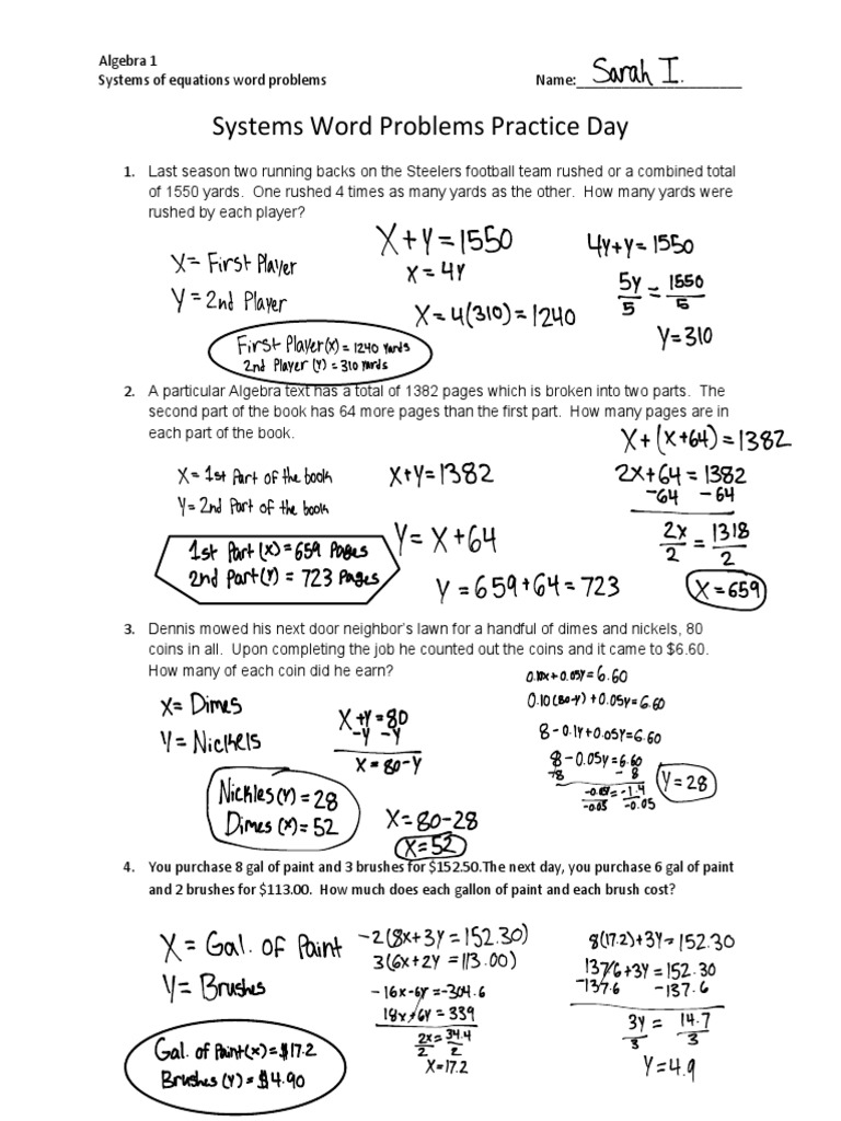 Algebra 1 Systems of Equations Practice | PDF | Teaching Mathematics