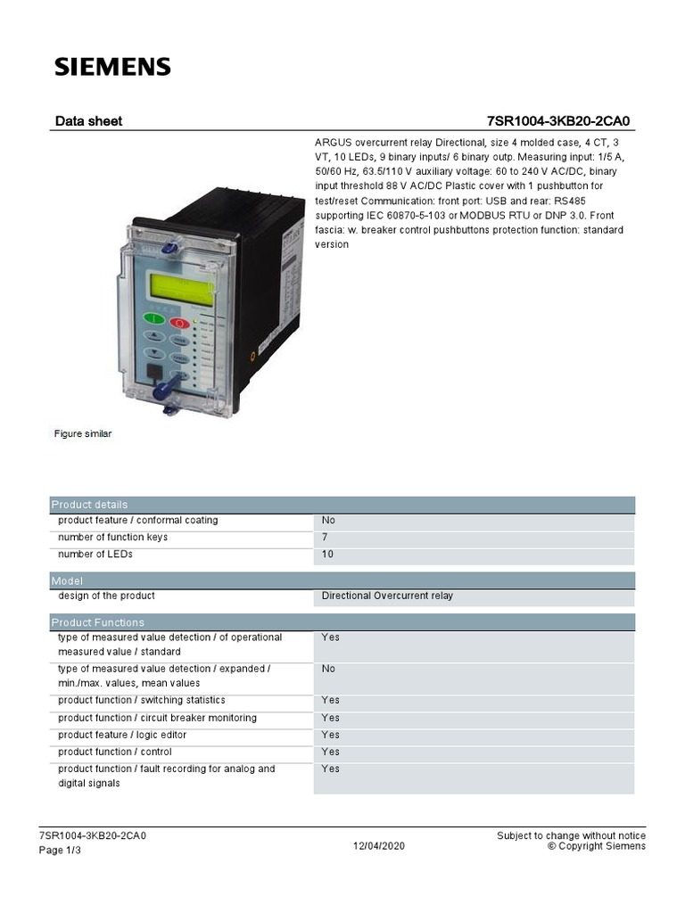 Data Sheet 7SR1004-3KB20-2CA0: Product Details | PDF | Relay | Electricity