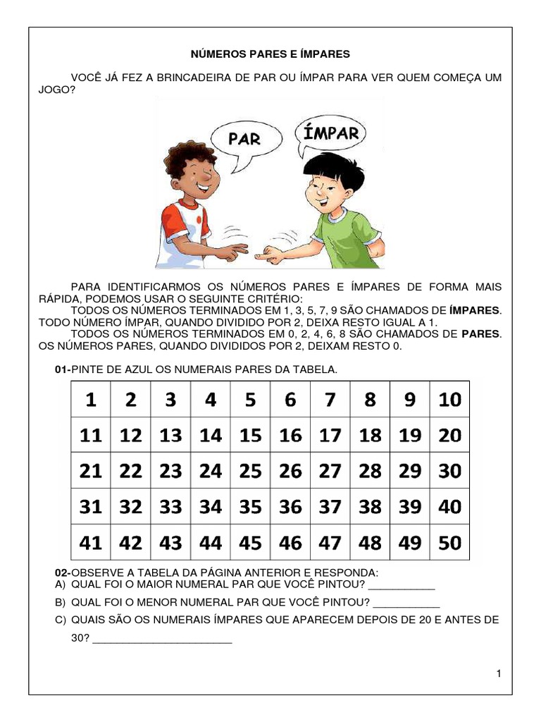 Números Pares e Ímpares: Atividades | PDF