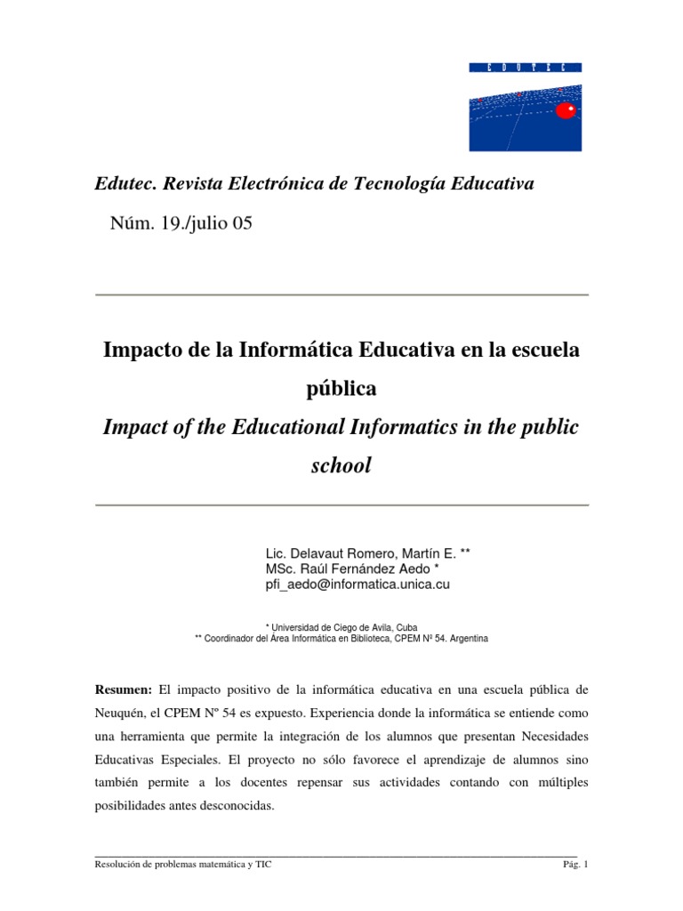 Impacto de La Informática Educativa en La Escuela Pública Impact of The ...