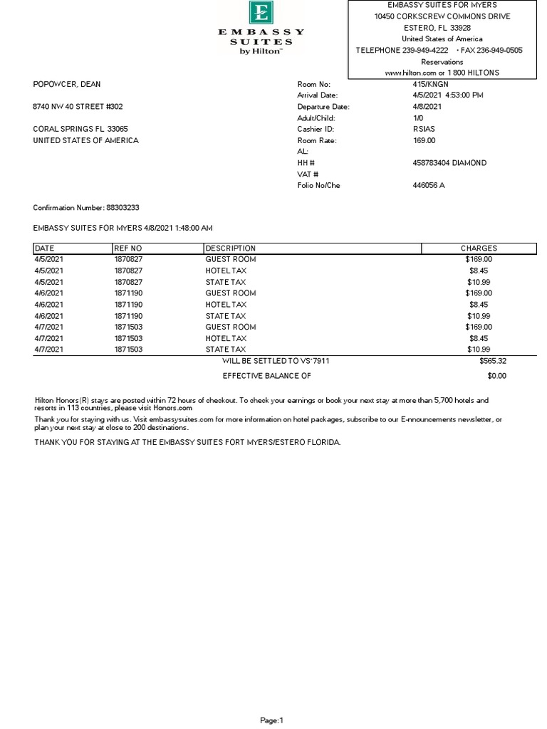 Reservation Confirmation and Invoice for Dean Popowcer's Stay at ...