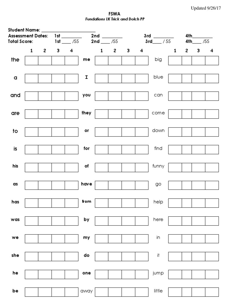 Dolch Sight Word Kindergarten Preprimer Assessment Tracking Guide | PDF