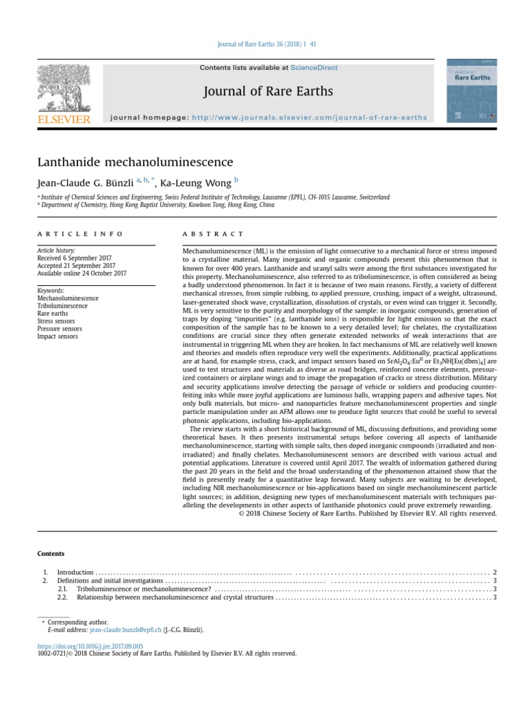 Journal of Rare Earths: Jean-Claude G. Bünzli, Ka-Leung Wong | PDF ...