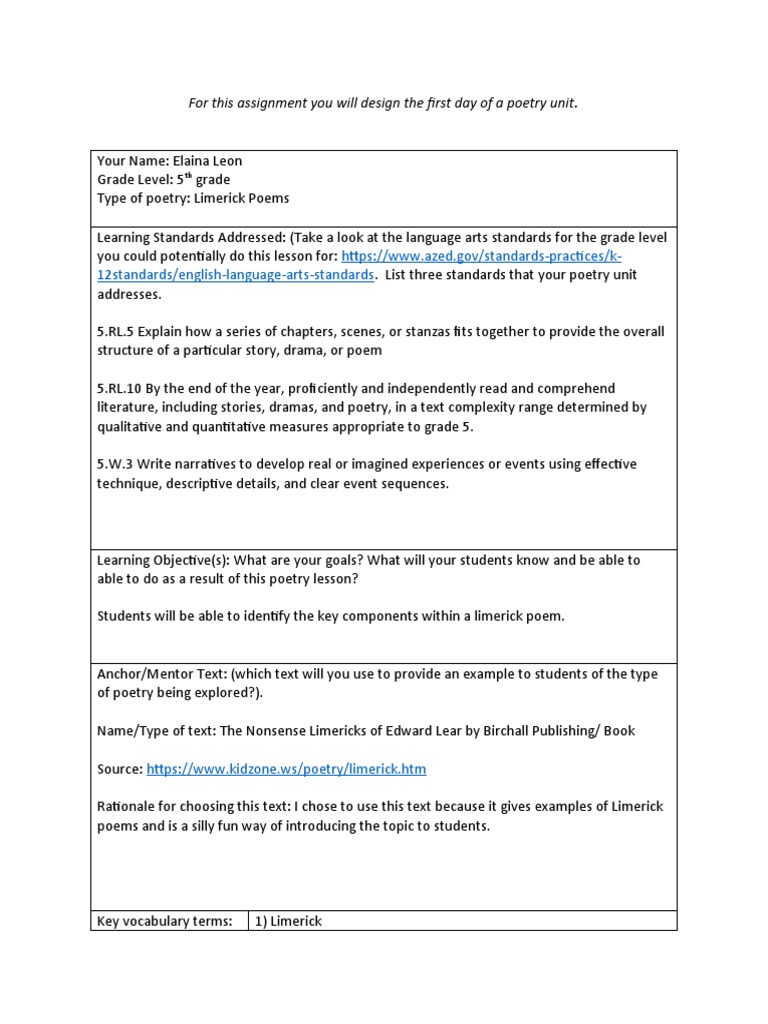 322 Poetry Lesson Plan | PDF | Limerick (Poetry) | Poetry