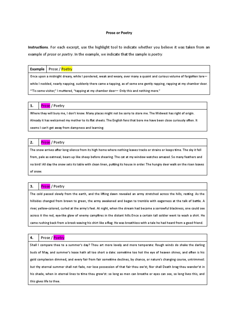 Example of Prose or Poetry. in The Example, We Indicate That The Sample ...