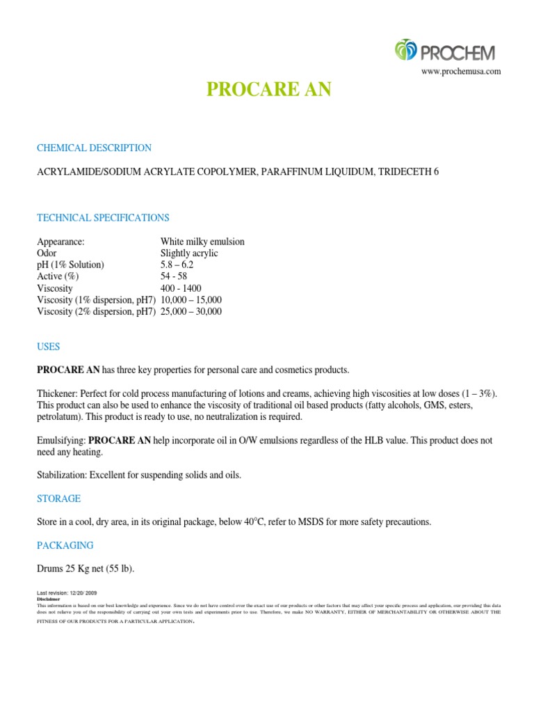 Procare An (TDS) | PDF | Emulsion | Chemical Substances