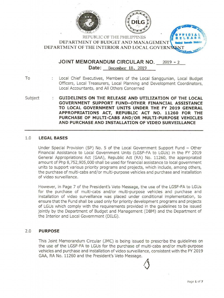 DBM Dilg Joint Memorandum Circular (JMC) No. 2019 2 Dated December 18 ...