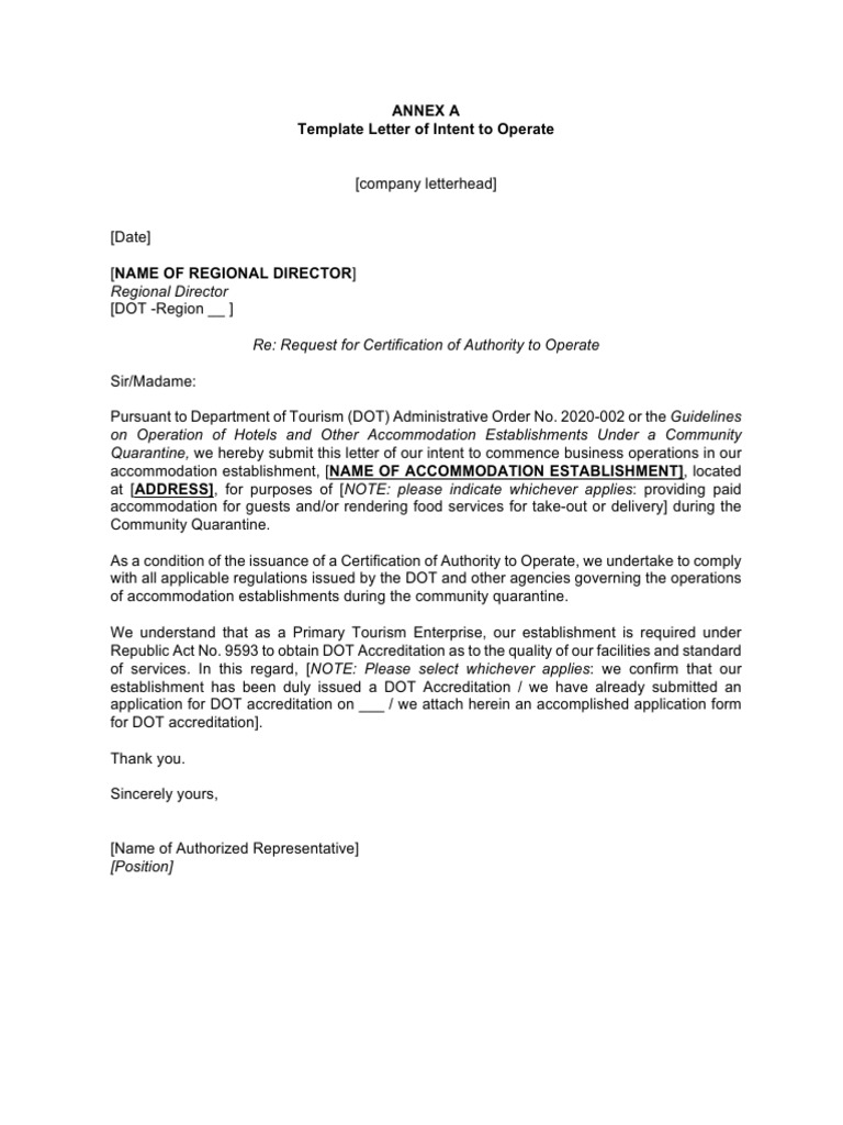 Annex A - Template - Letter of Intent To Operate | PDF