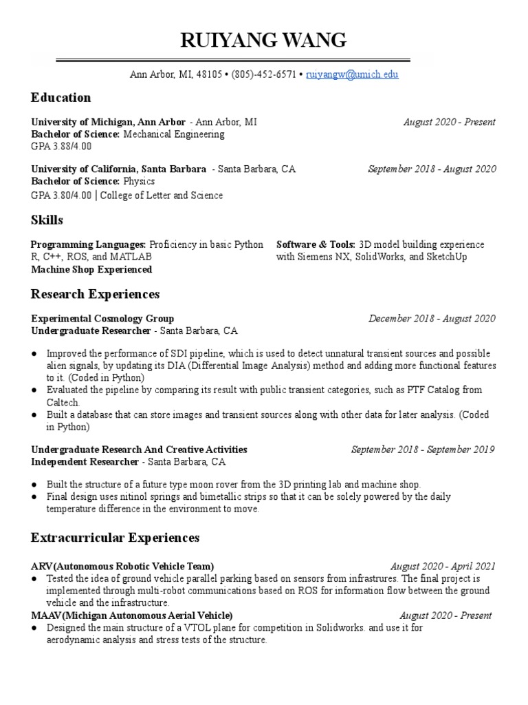 Ruiyang Wang Resume | PDF