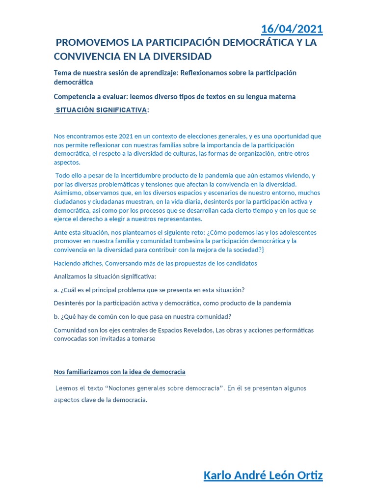 Promovemos La Participación Democrática y La Convivencia en L Diversidad | PDF | Procesos ...