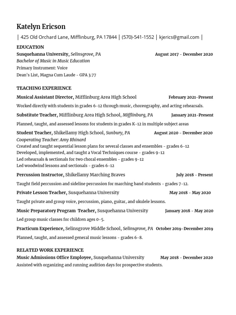 Ericson Katelyn Resume | PDF | Choir | Teachers