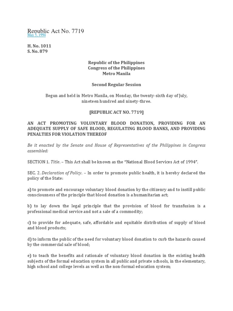 Republic Act No. 7719 | PDF | Blood Donation | Blood Transfusion