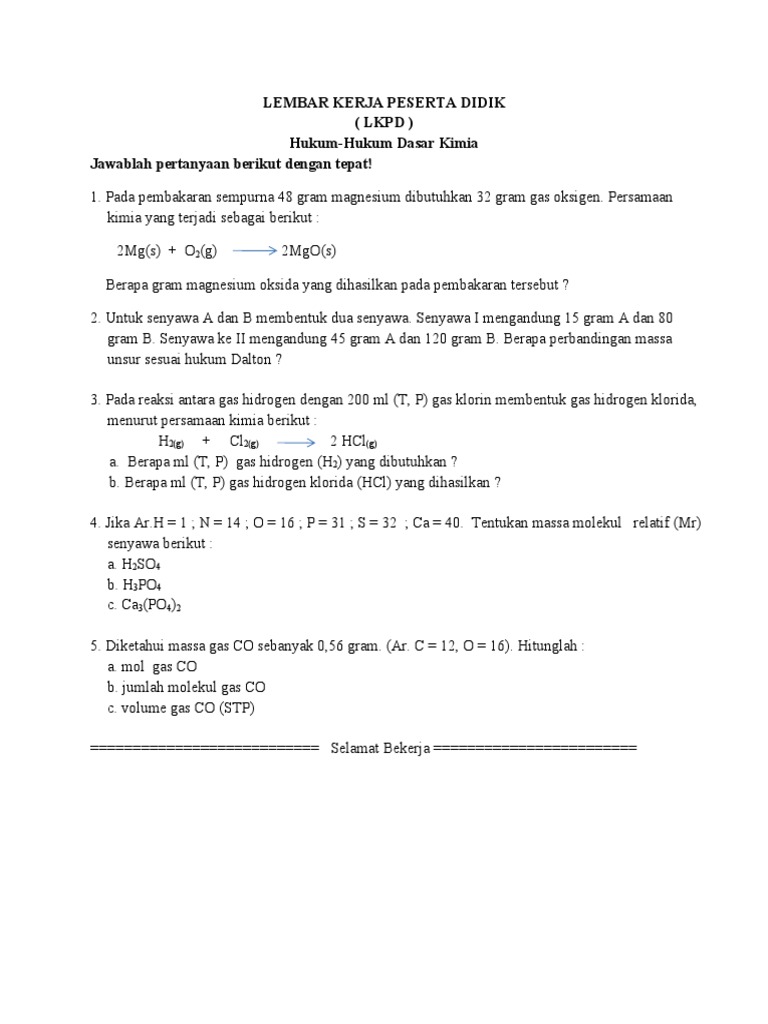 LKPD K.D 3.10 Hukum-Hukum Dasar Kimia | PDF