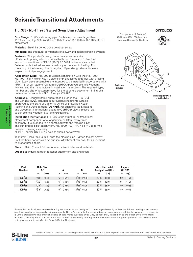 Tolco Fig 909 Sway Brace Attachment | PDF | Pipe (Fluid Conveyance) | Screw