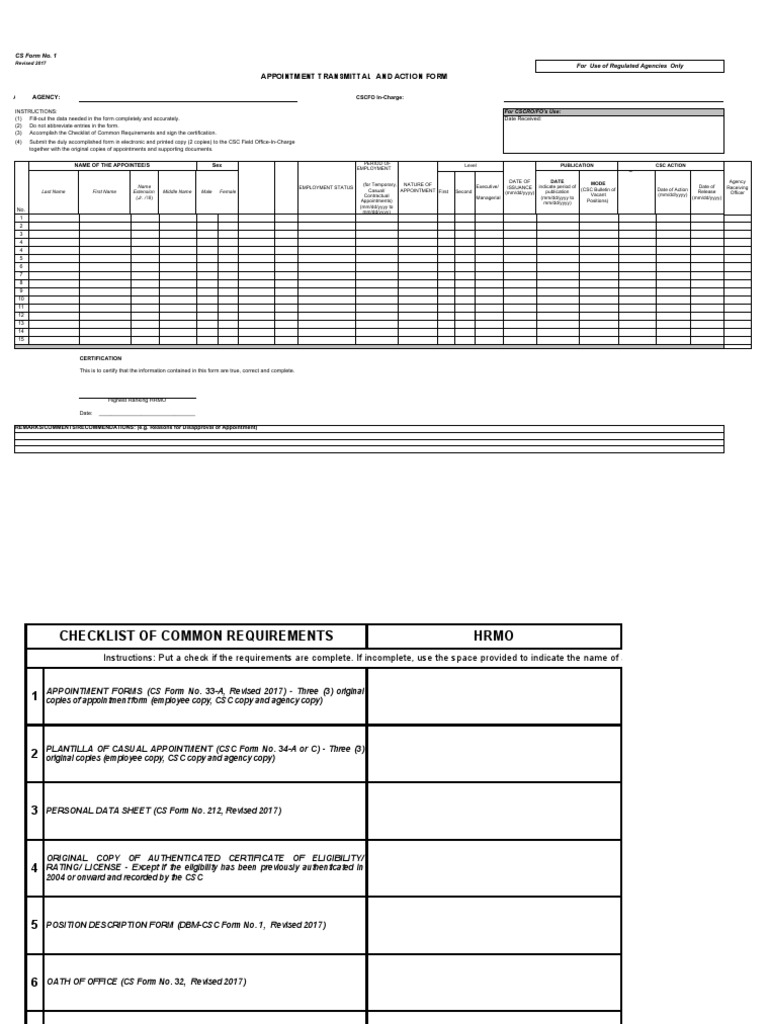 CS Form No. 1 Appointment Transmittal and Action Form Enhanced ...