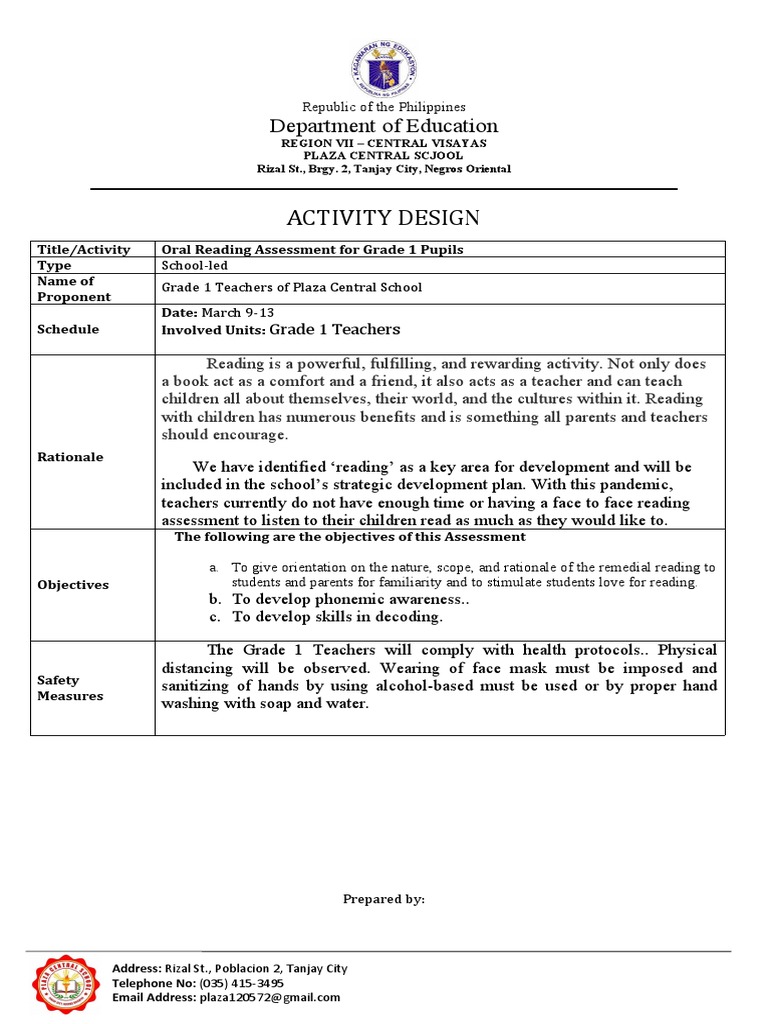 Activity Design For Oral Reading Assessment | PDF | Human Nature ...