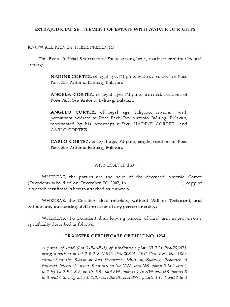 Extra Judicial Settlement of Estate With Waiver of Rights | PDF | Civil Law (Common Law ...