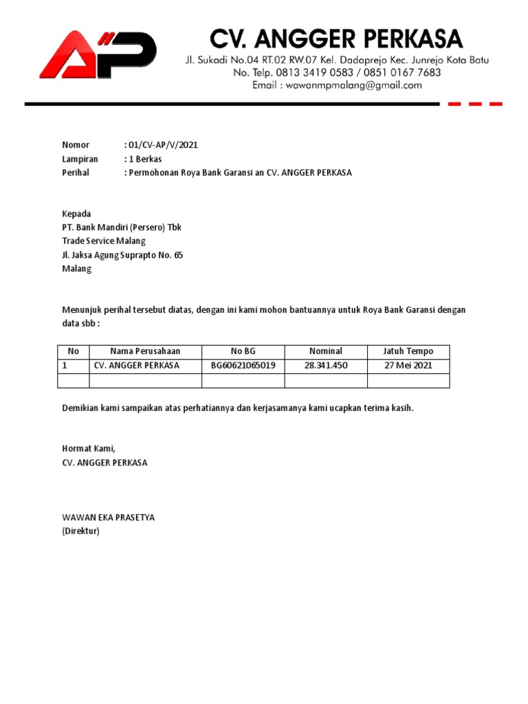 Surat Permohonan Roya BG Cv. Angger Perkasa | PDF | Pengelolaan ...