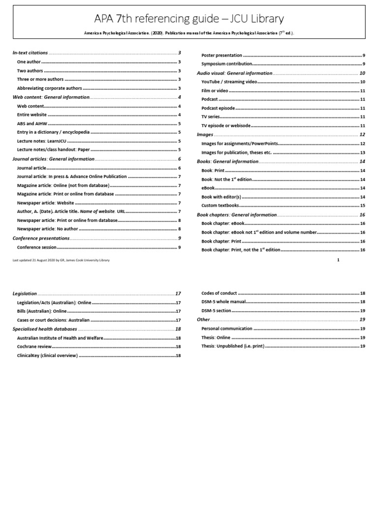 APA 7th Referencing Guide - JCU Library | PDF | Apa Style | Digital ...