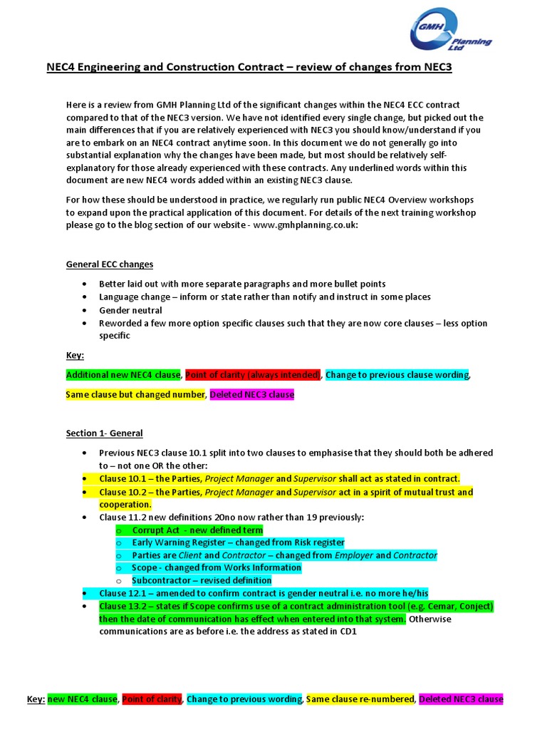NEC4 Engineering and Construction Contract - Review of Changes From ...