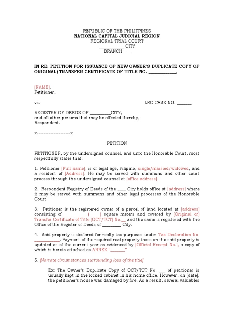 MyLegalWhiz - Petition For The Issuance of The Owners Duplicate Copy of ...