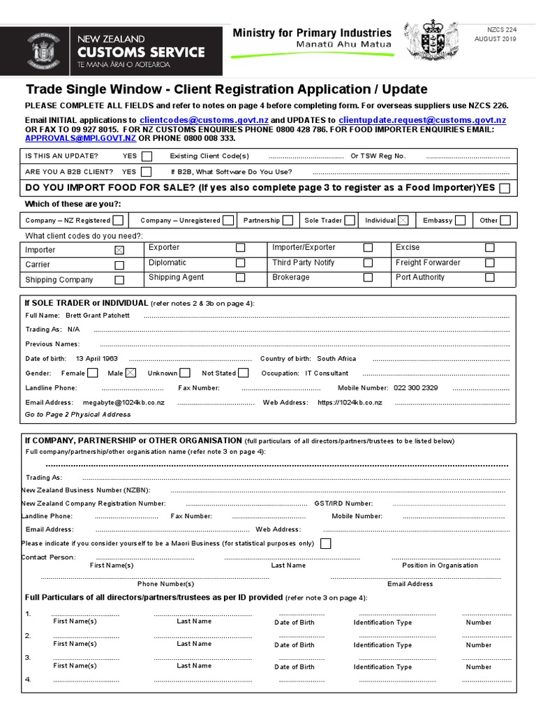 Nzcs 224 Trade Single Window Client Registration Application BG ...