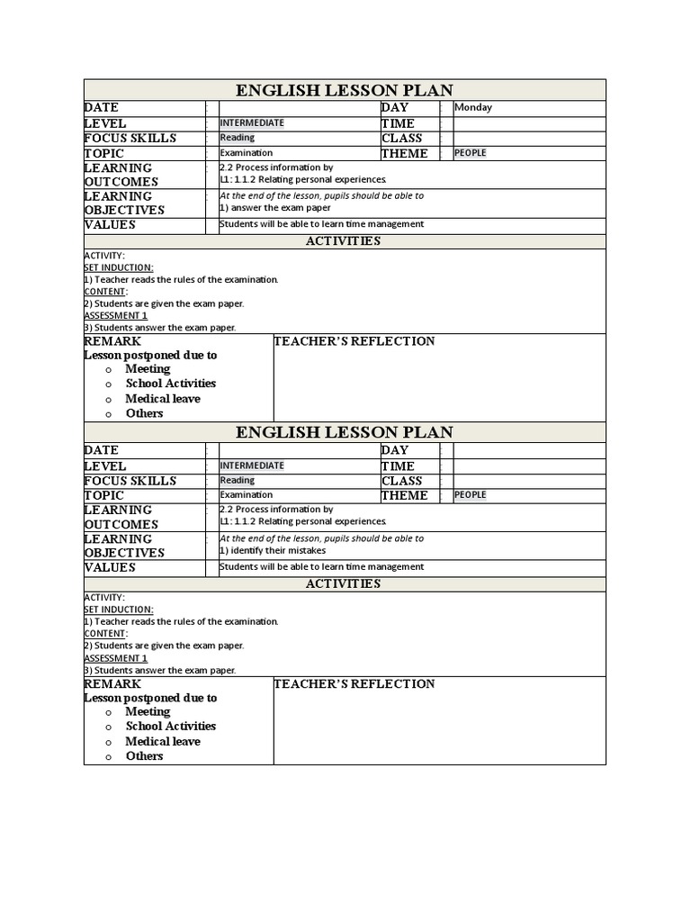 English Lesson Plan: at The End of The Lesson, Pupils Should Be Able To | PDF | Lesson Plan ...
