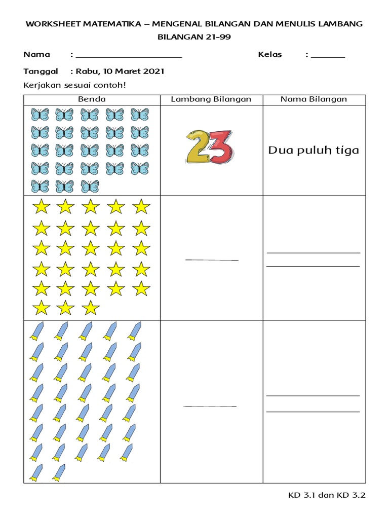 Worksheet Matematika Bilangan 21-99 | PDF