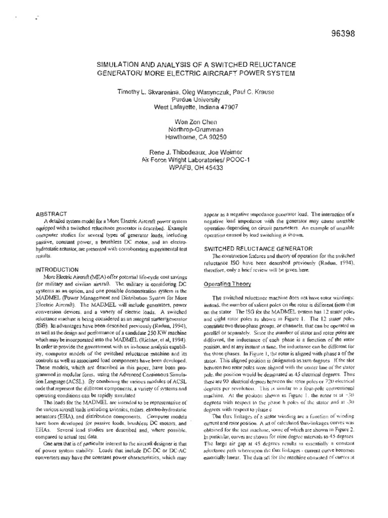 Simulation And Analysis Of A Switched Reluctance Generator For More Electric Aircraft Power