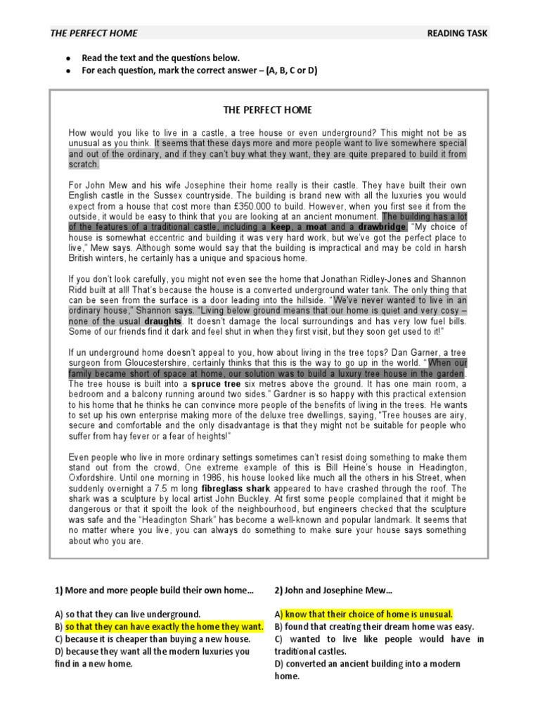 THE PERFECT HOME - Reading Comprehension Task | PDF