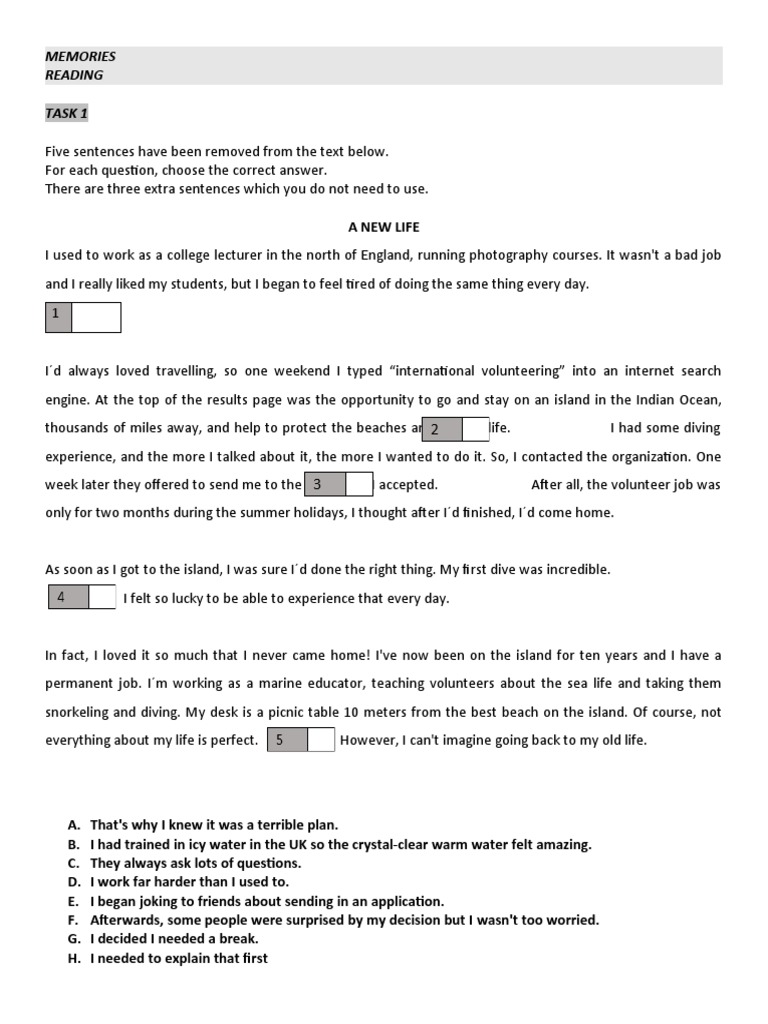 Memories Reading Task 1 | PDF