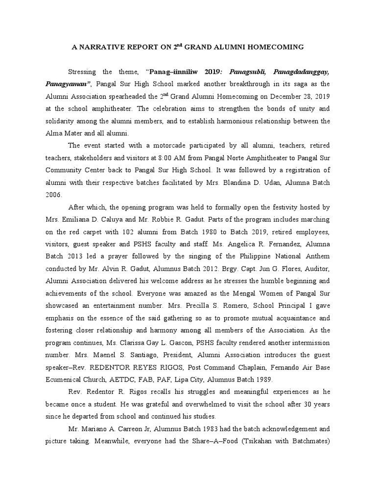 A Narrative Report On 2nd Grand Alumni Homecoming 2019 | PDF | Nature