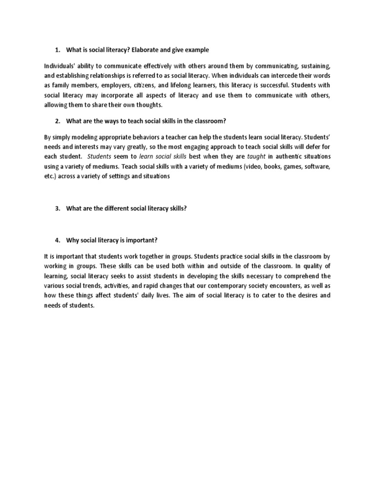 What Is Social Literacy? Elaborate and Give Example | PDF