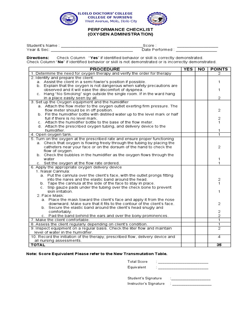 Oxygen Administration Checklist 1 | PDF | Equipment | Clinical Medicine