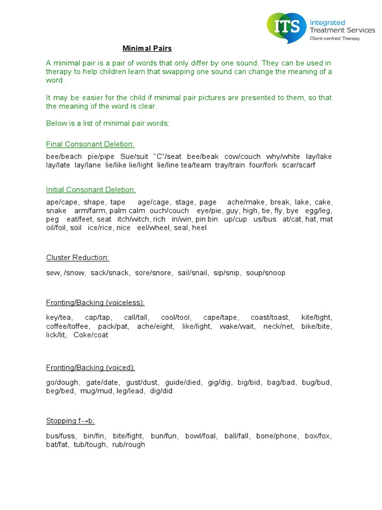 Minimal Pairs Word List for Therapy | PDF | Nature