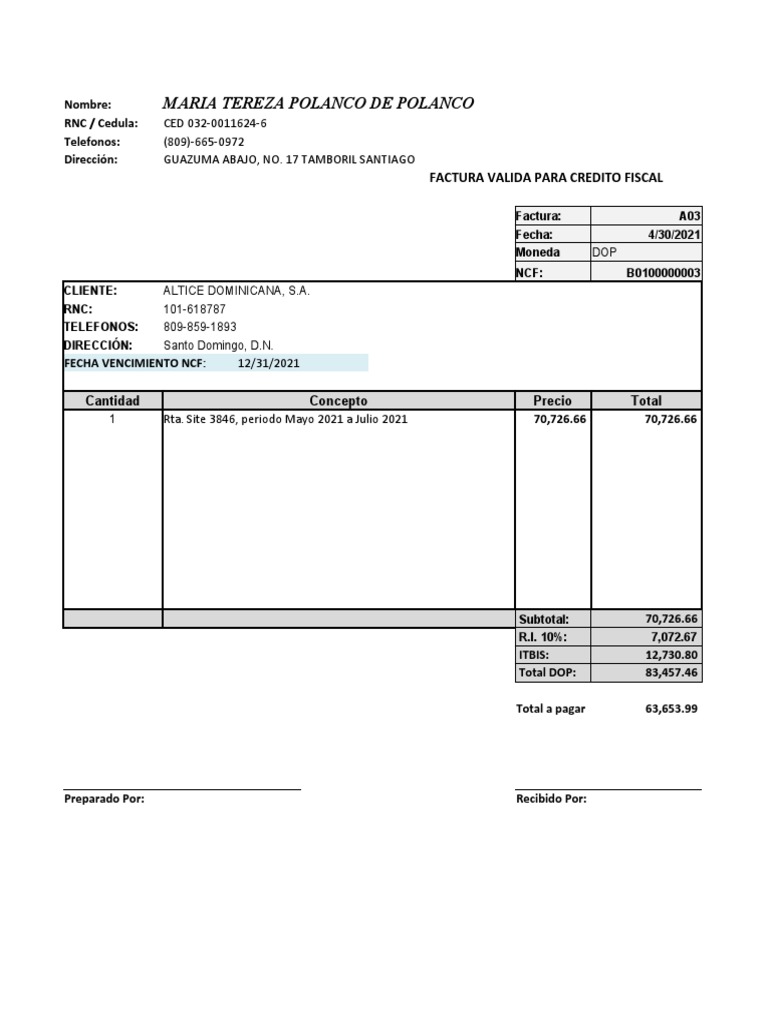 Modelo Factura Proveedores Informales Maria Tereza Polanco de Polanco | PDF