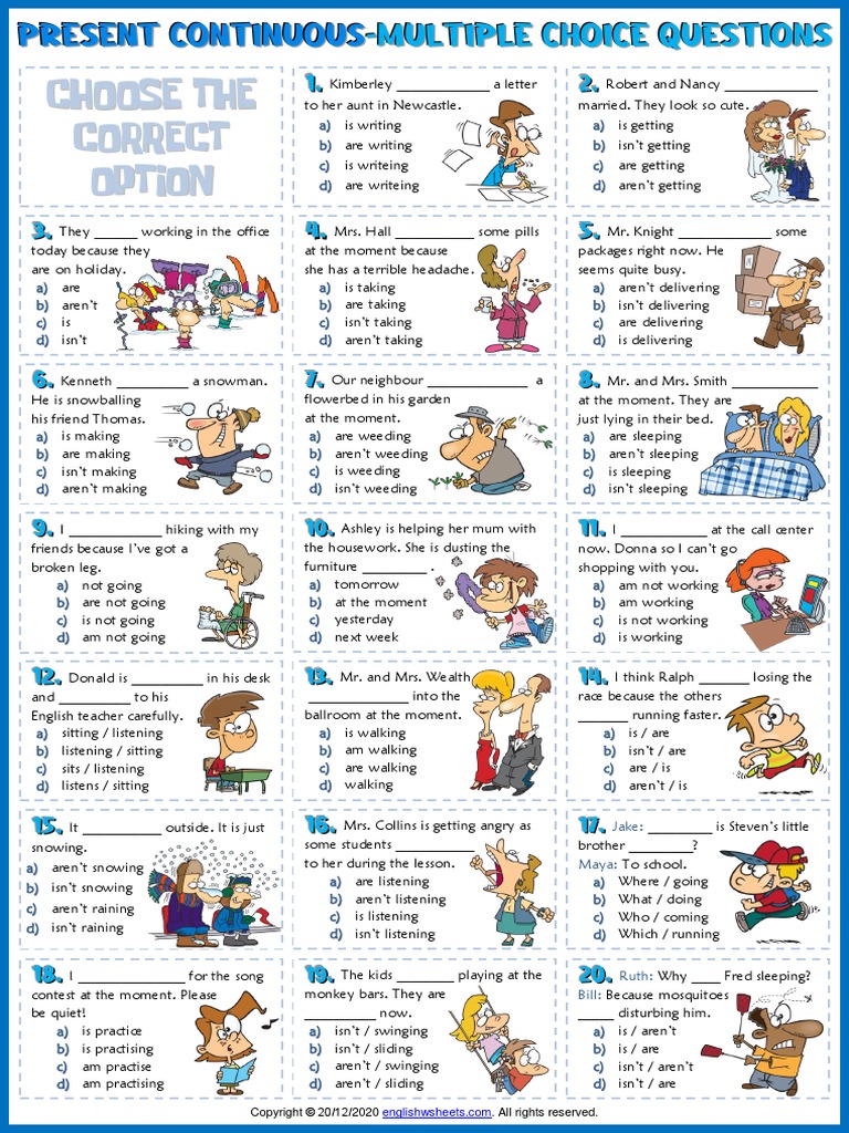 Present Continuous Tense Esl Printable Multiple Choice Questions