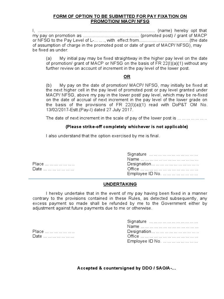 Form of Option To Be Submitted For Pay Fixation On Promotion/ Macp ...