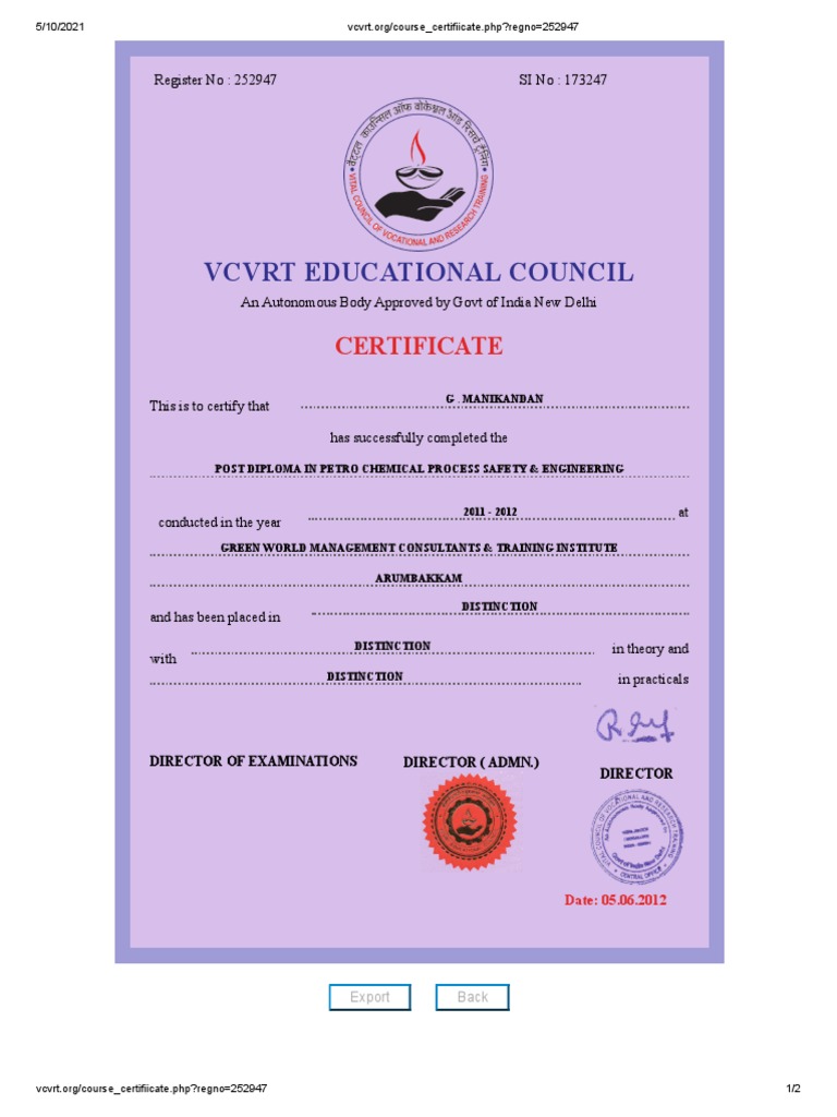 VCVRT Certificate Verification for G. Manikandan | PDF